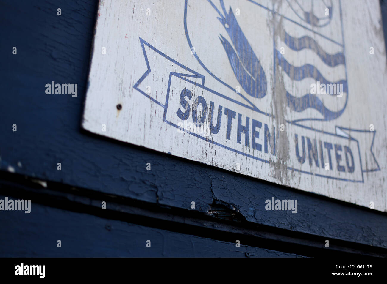 A detail view of the club badge at Southend United's stadium before the ...