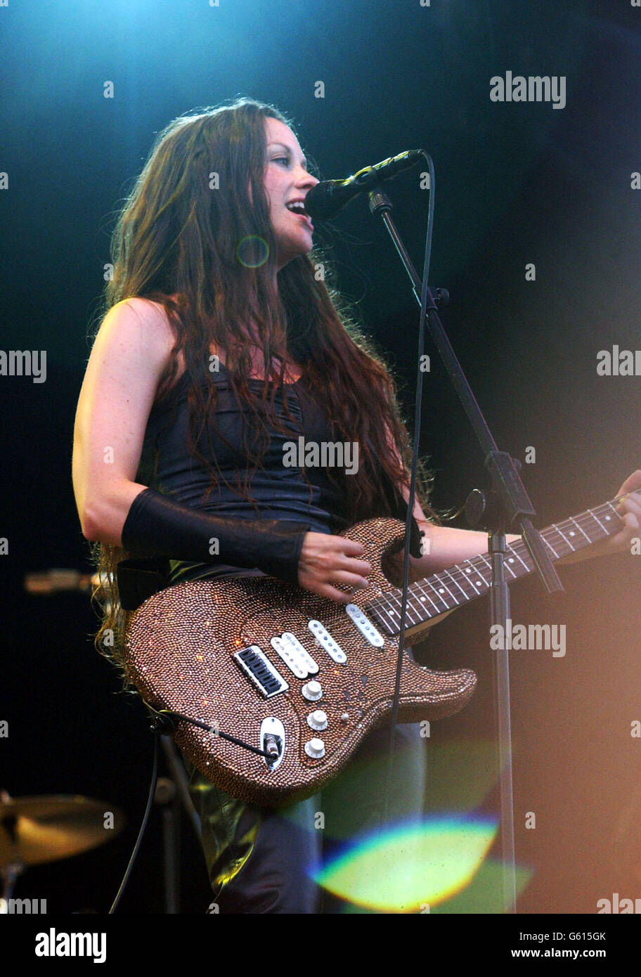 Canadian rock singer Alanis Morissette performing on the V Stage, on ...