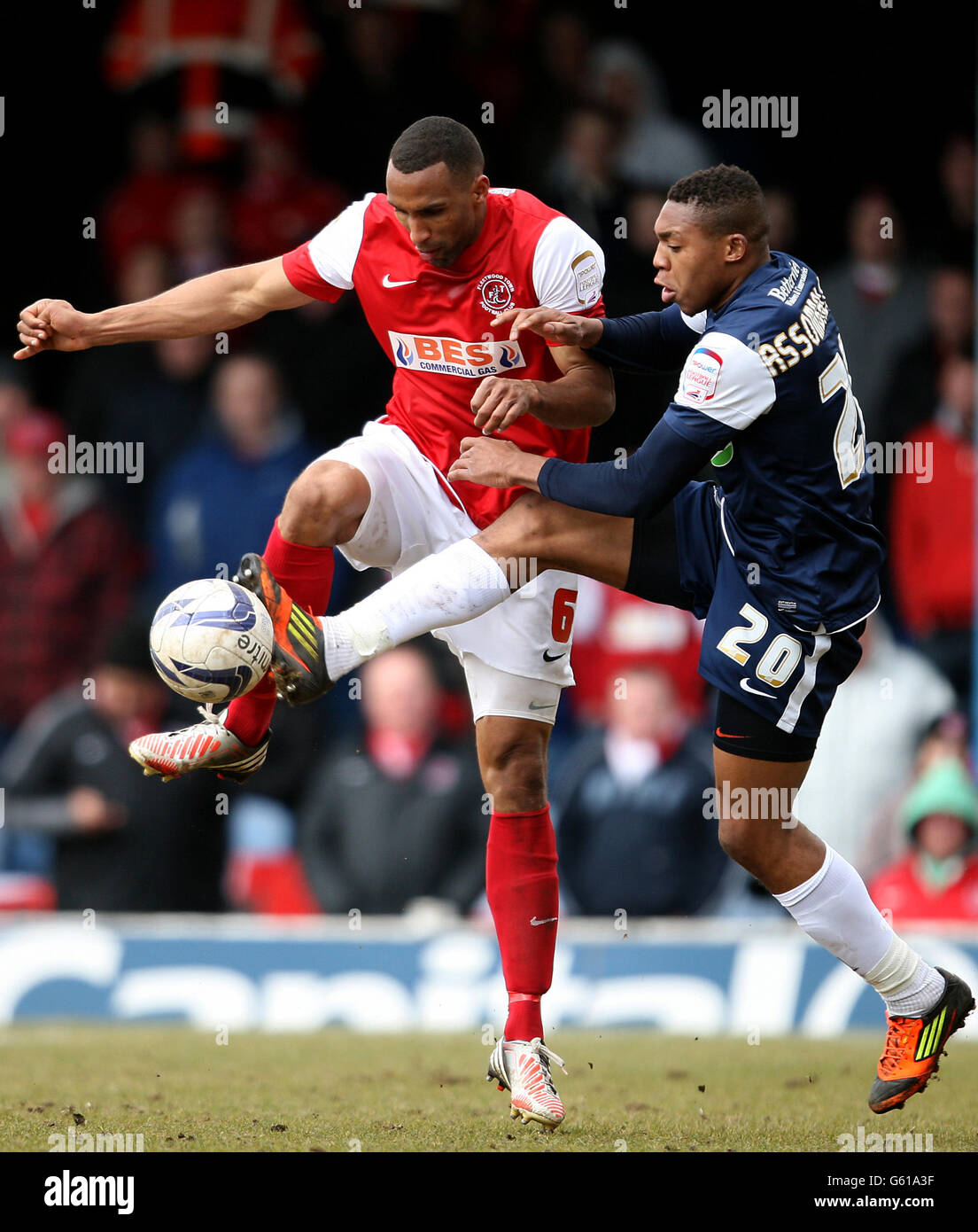 Southend United's Britt Assombalonga and Fleetwood Town's Nathan Pond ...