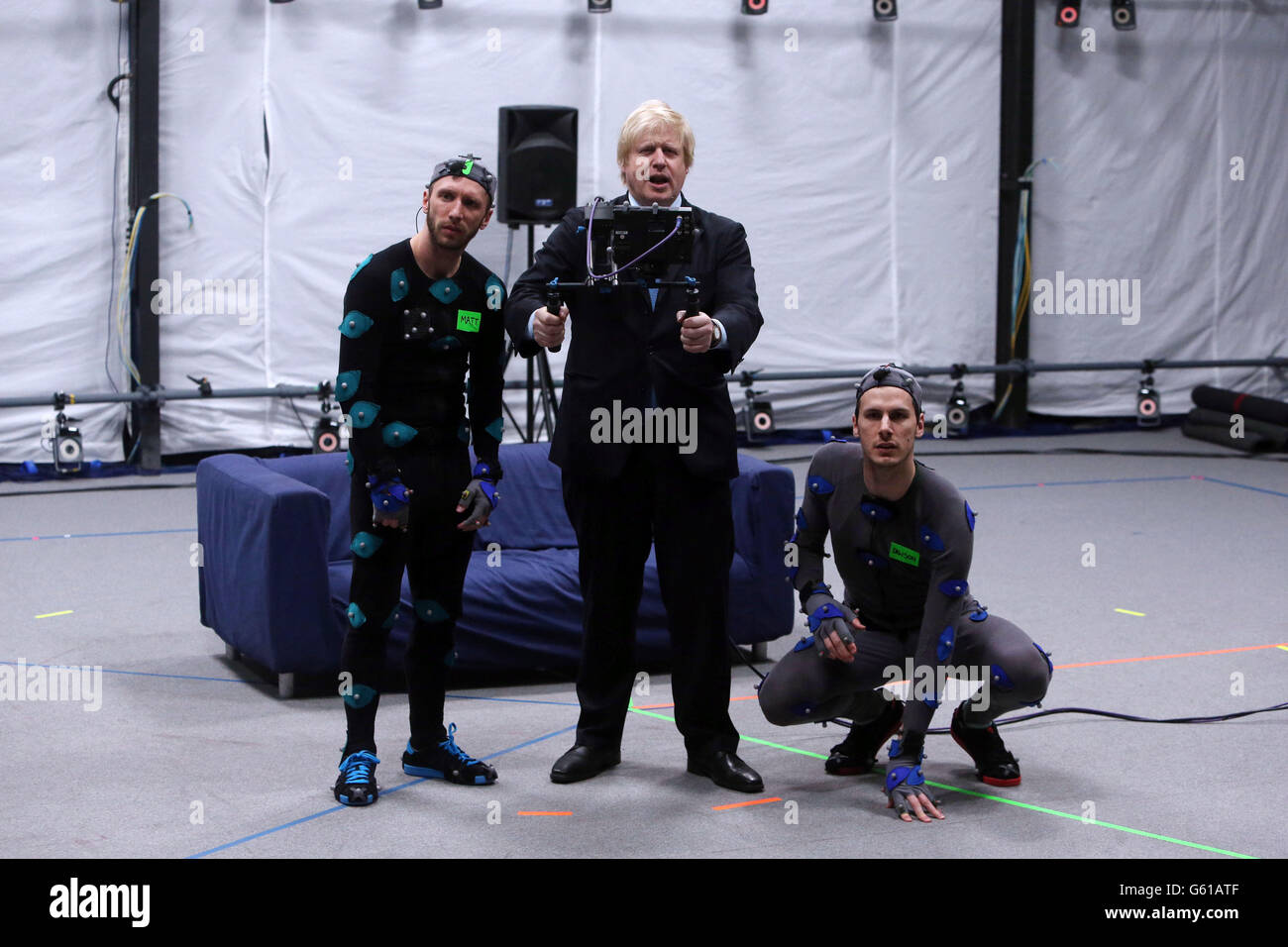 Mayor of London Boris Johnson with actor Matt Cross (left) and Dawson ...