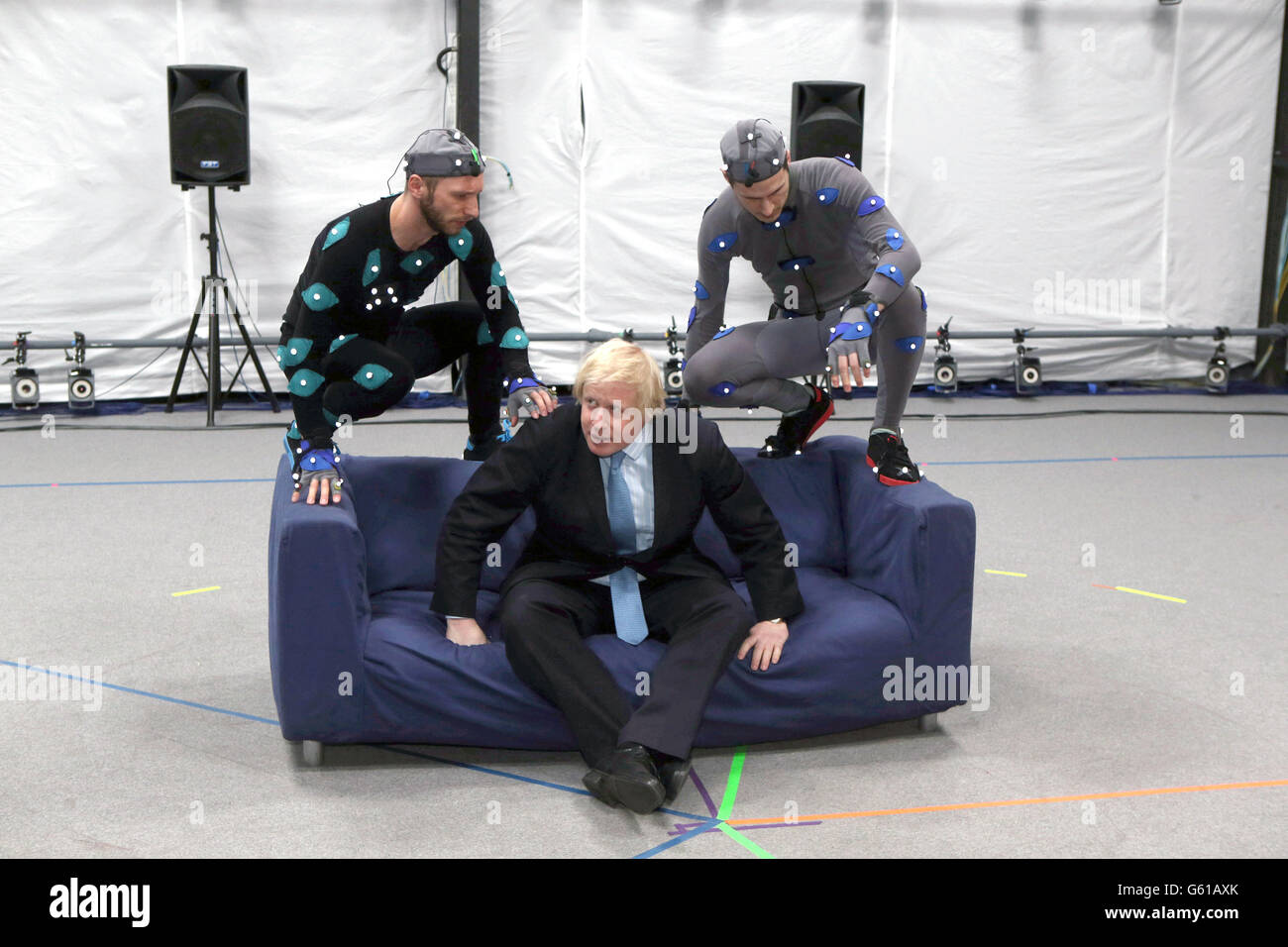 Mayor of London Boris Johnson with actor Matt Cross (left) and Dawson James as he visits The ...