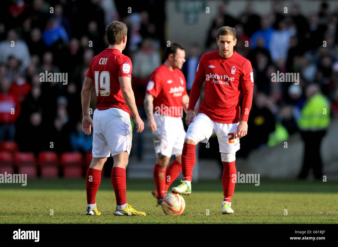 Nottingham Forest's Simon Cox and Billy Sharp (right) wait to re-start ...