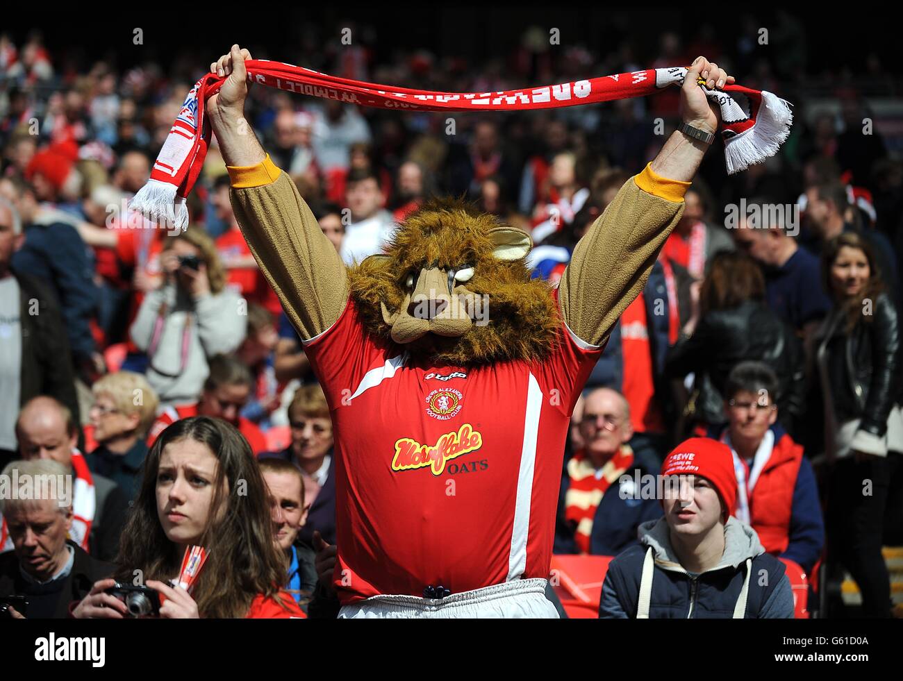 A Crewe Alexandra fan in fancy dress cheers on their side in the stands ...