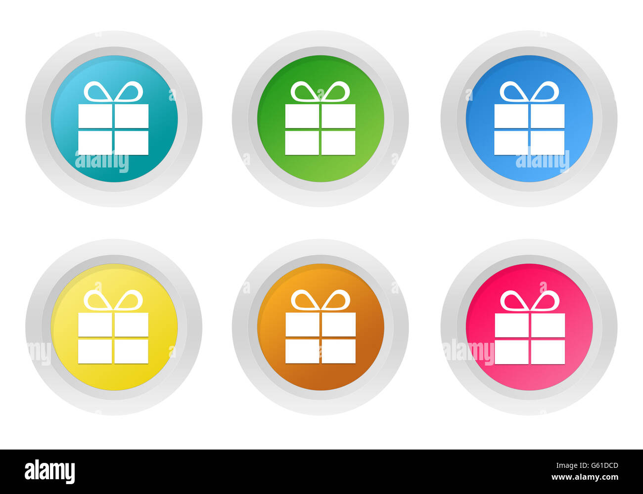 Set of rounded colorful buttons with gift symbol in blue, green, yellow ...