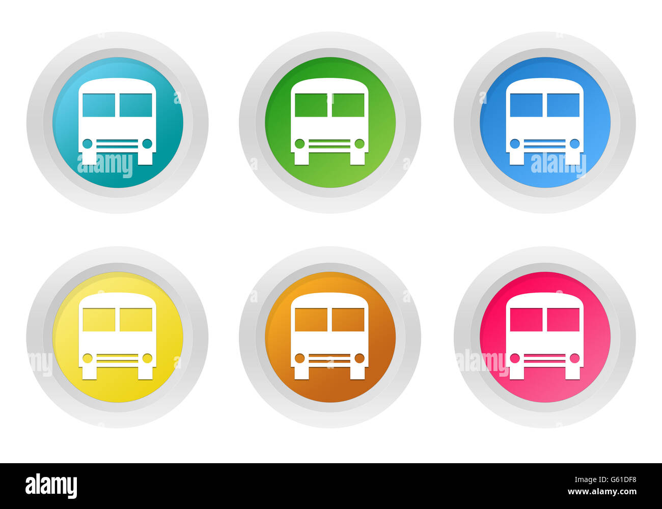 Set of rounded colorful buttons with bus symbol in blue, green, yellow ...