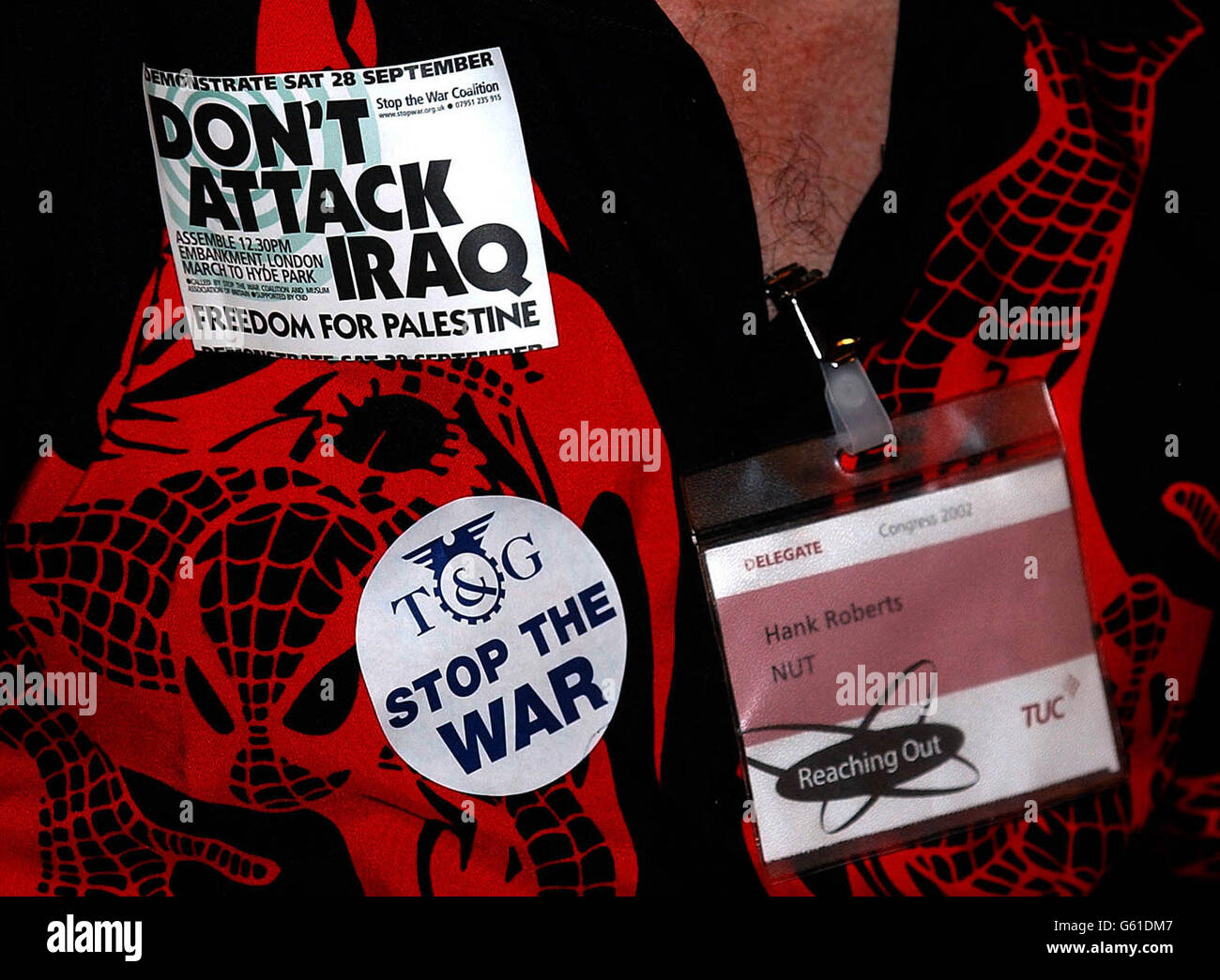 Anti War stickers -TUC Conference Stock Photo - Alamy