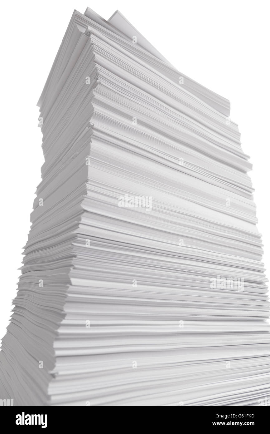 Large Towering Stack of White Paper Isolated on White Background Stock ...