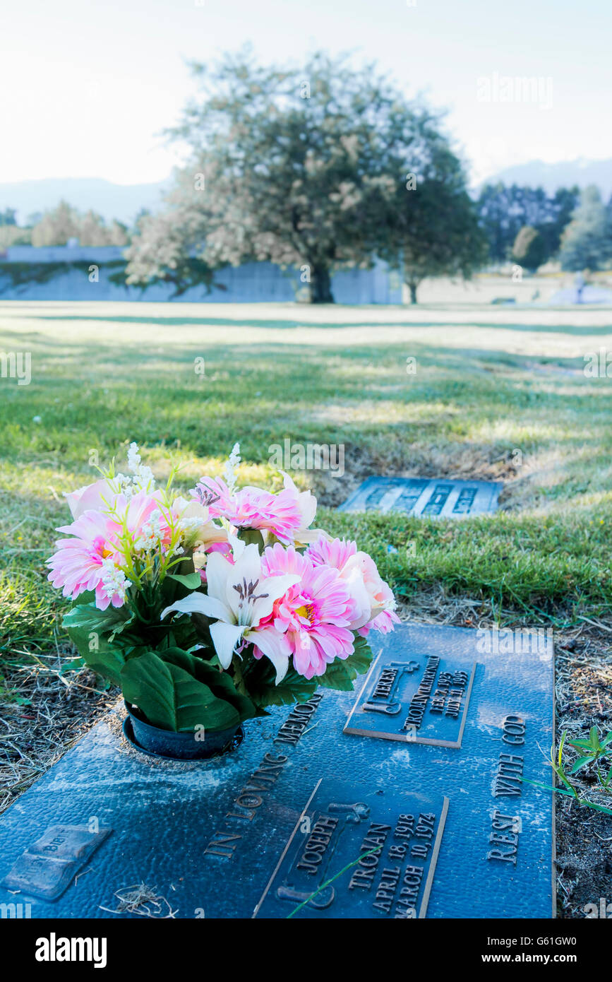 Flowers at grave site, Mountain View Cemetery, Vancouver, British ...