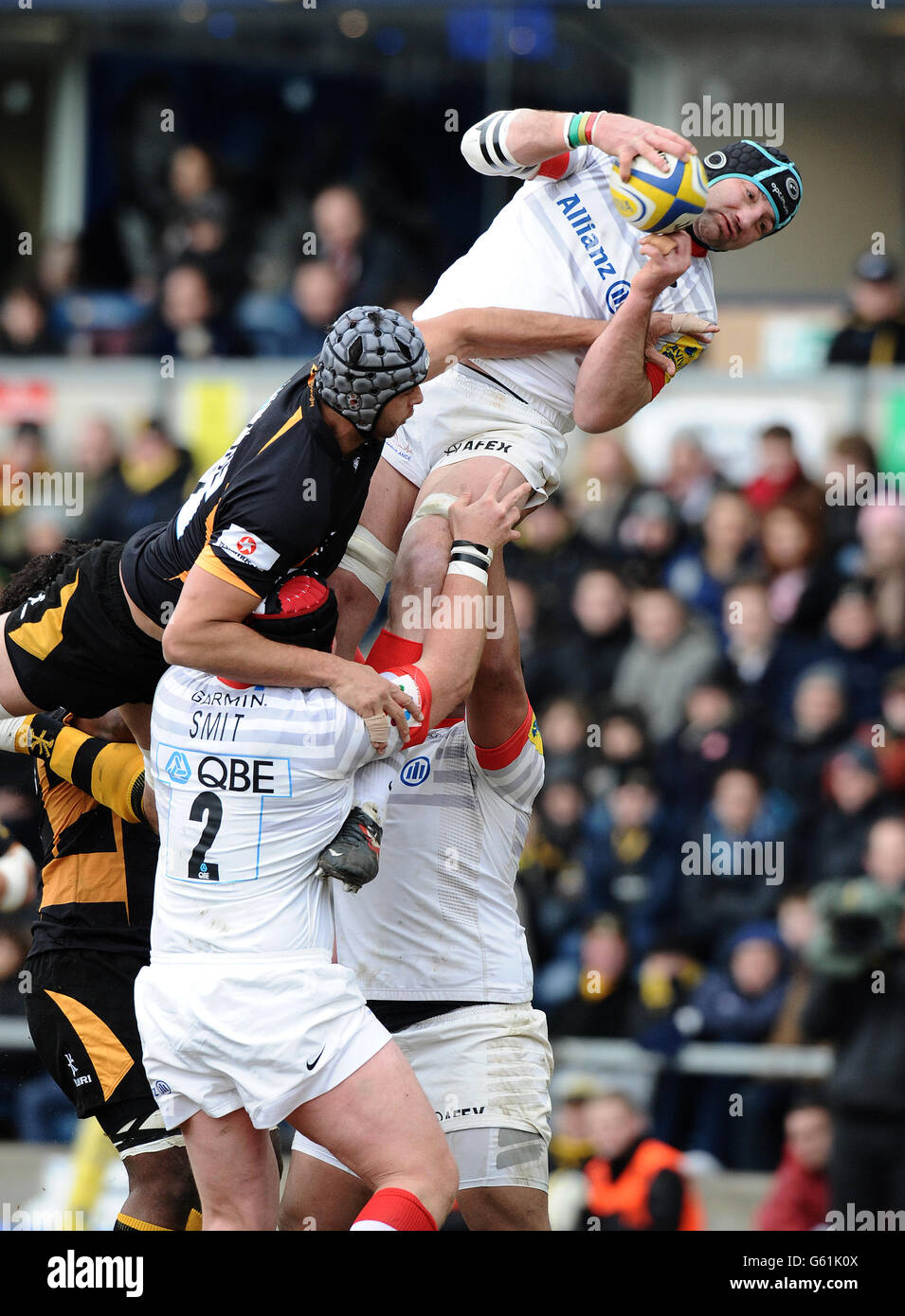 Saracens' Steve Borthwich collects a high ball from London Wasps' Marco ...