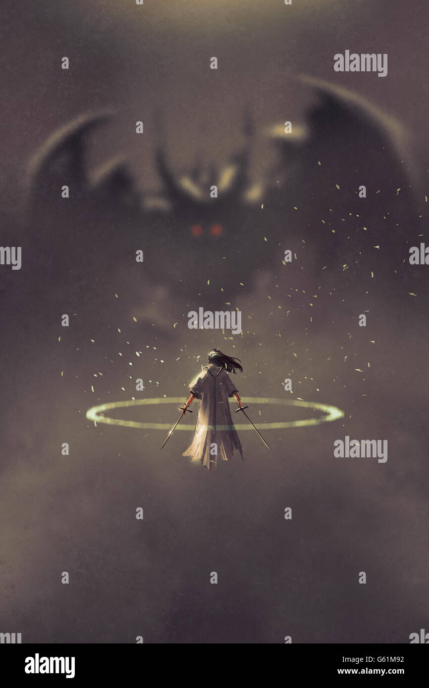 duel between knight and devil,illustration painting Stock Photo - Alamy