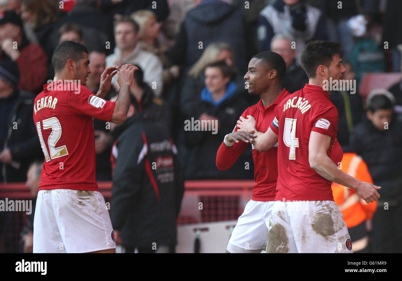 Charlton Athletic's Jonathan Obika (centre) is congratulated on scoring ...