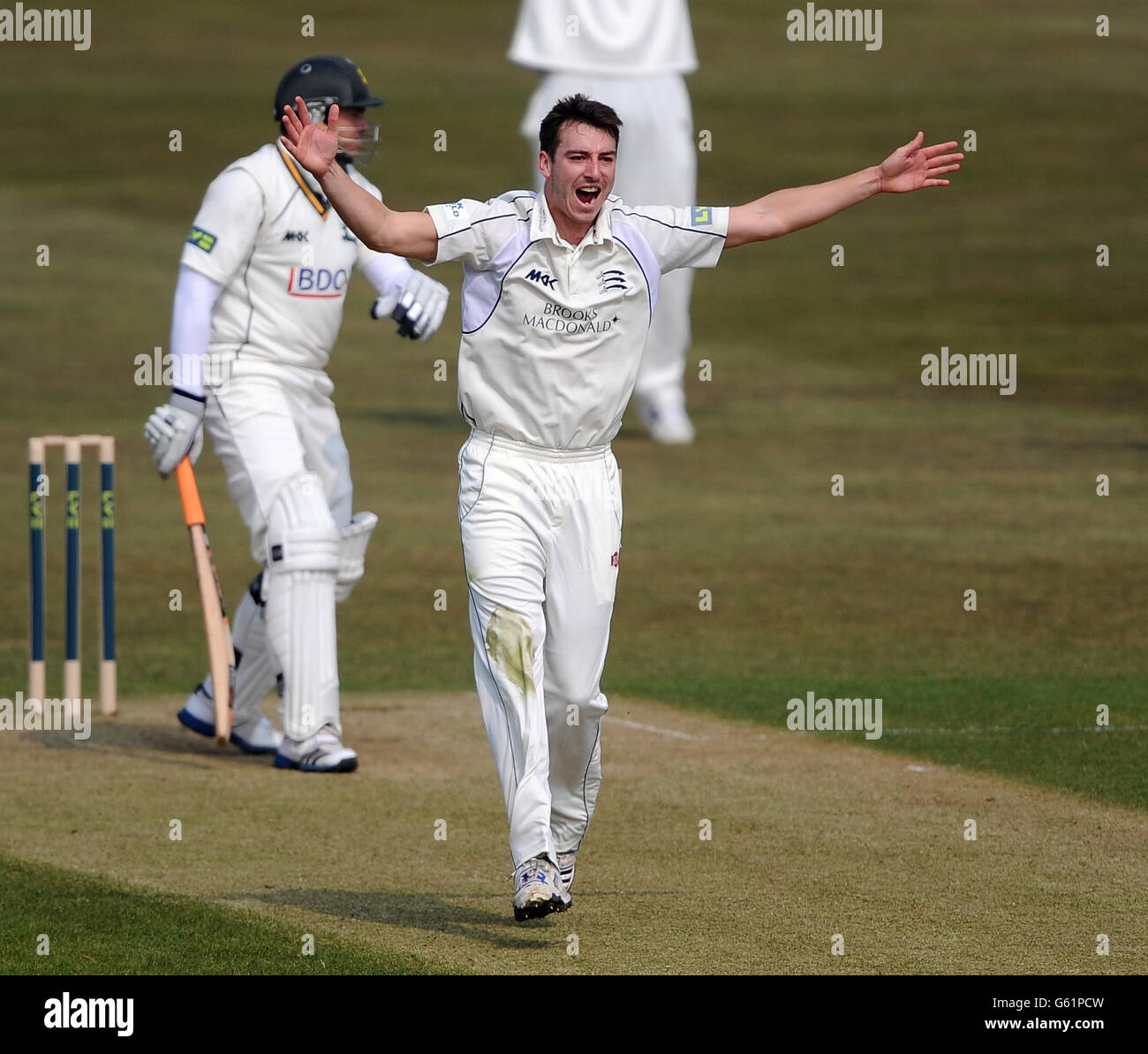 Middlesex's Toby Roland-Jones appeals successfully for the LBW of ...