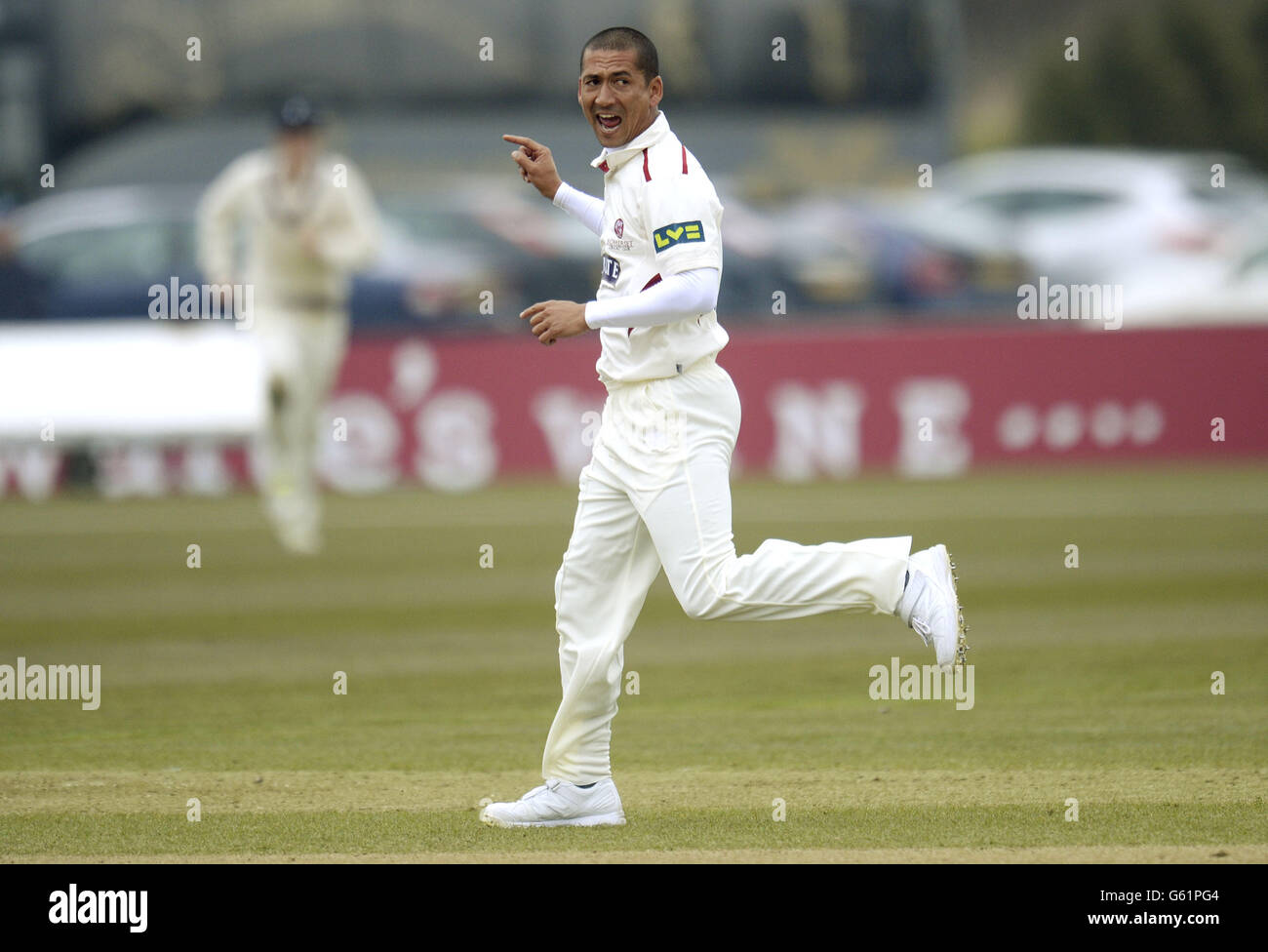 Somerset's Alfonso Thomas celebrates the wicket of Durham's Dale ...