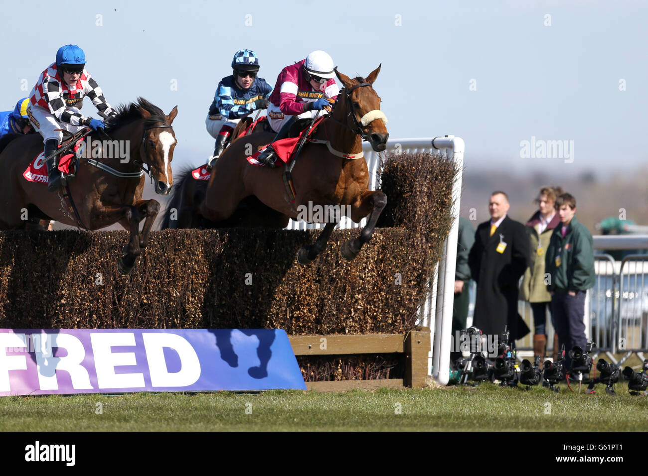 (Left to Right) Jockey Tom Scudamore on The Giant Bolster, Jockey Paul ...
