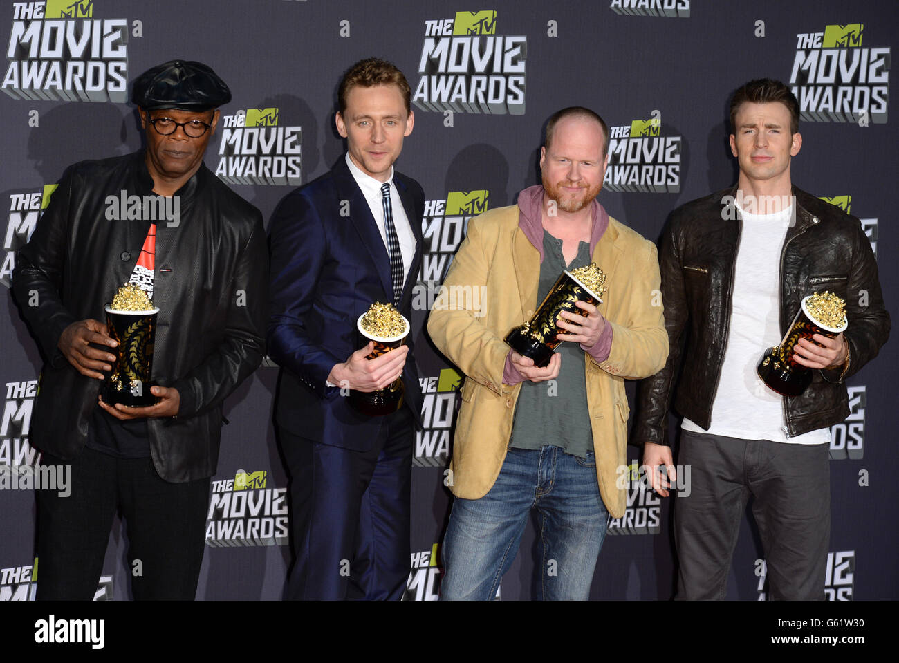 Samuel L. Jackson and Tom Hiddleston, director Joss Whedon, and actor ...