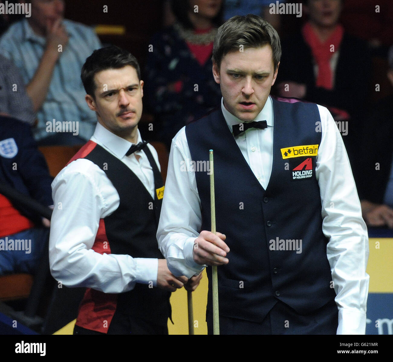 Ricky Walden (right) and Michael Holt study the table in their first ...