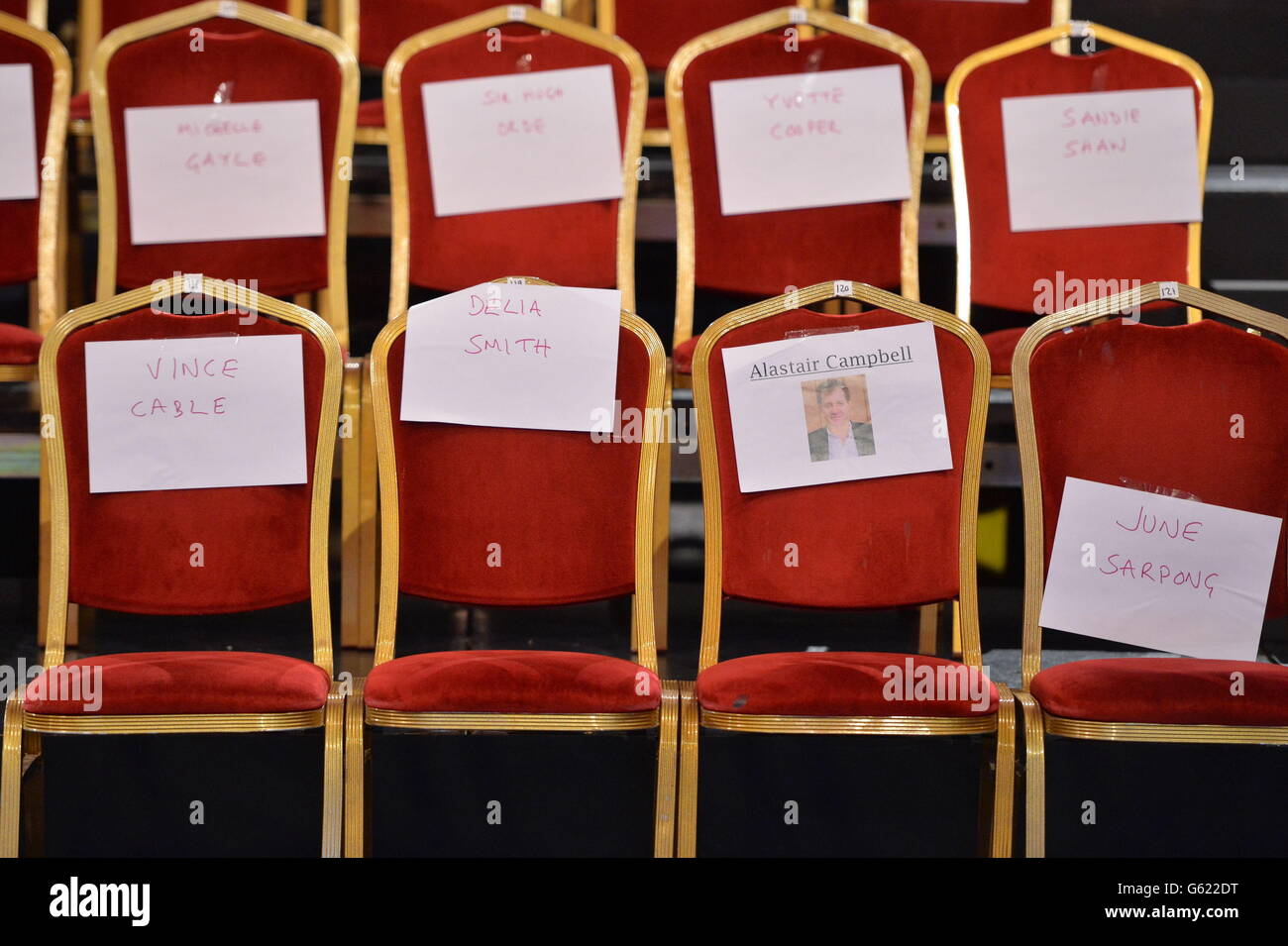 Name tags on chairs before the Channel 4 EU referendum debate Stock ...