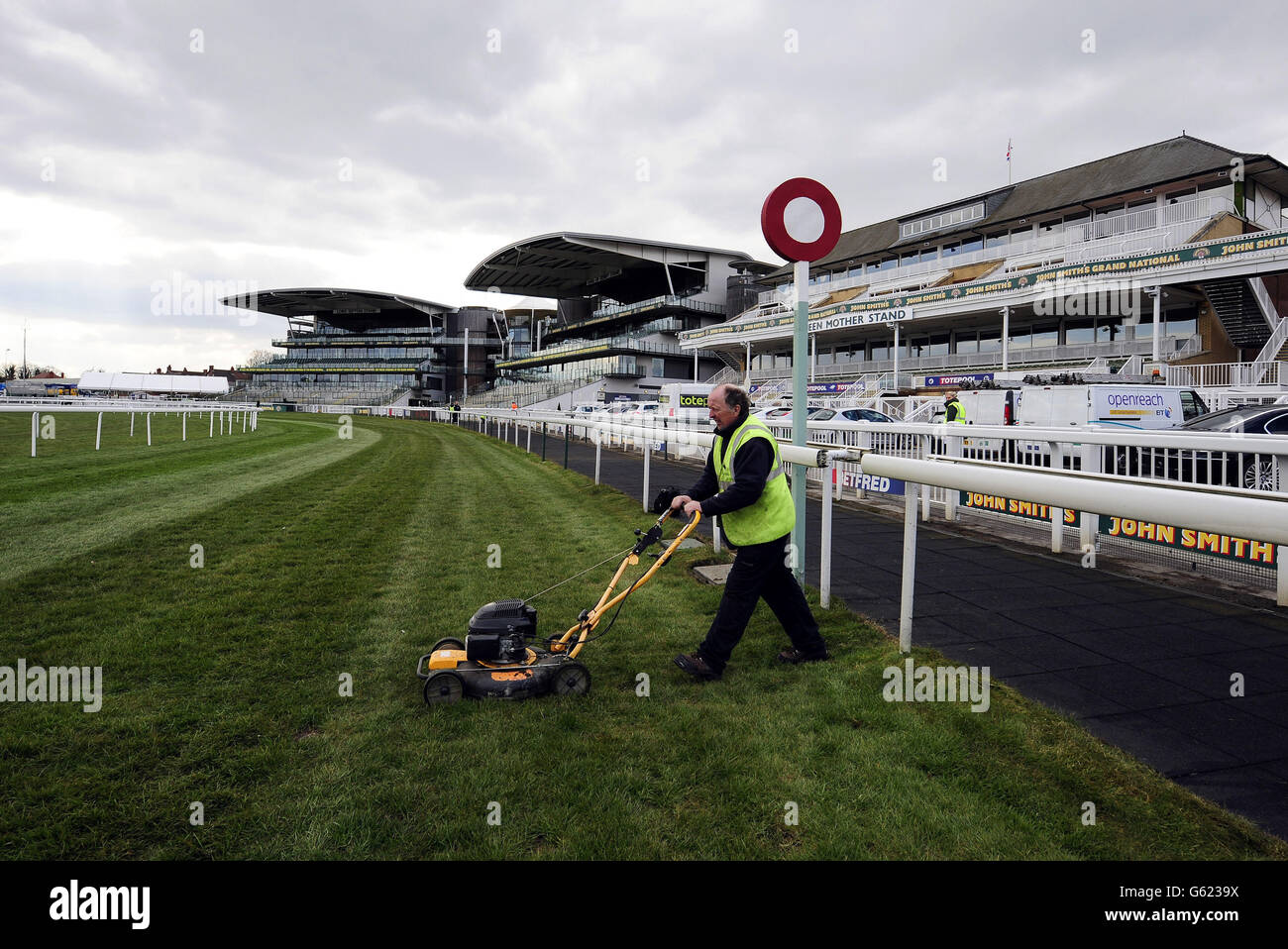 The world famous finish line for the Grand National is cut by Aintree ...