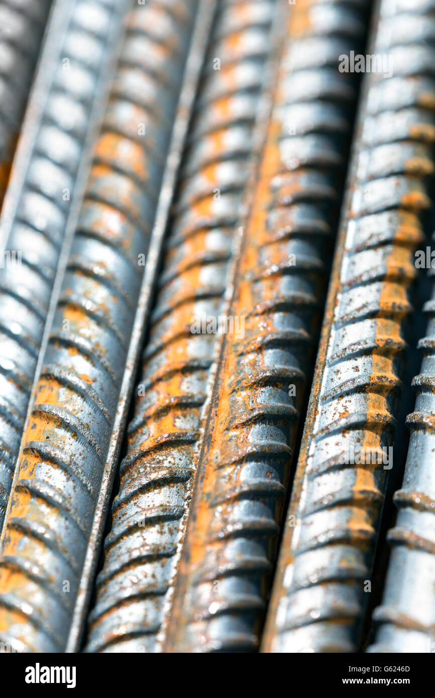 Stack of steel rebars for reinforcing concrete on construction site ...