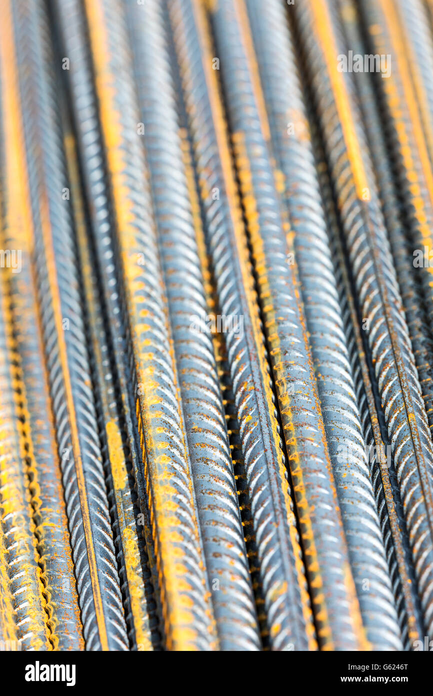 Stack of steel rebars for reinforcing concrete on construction site ...