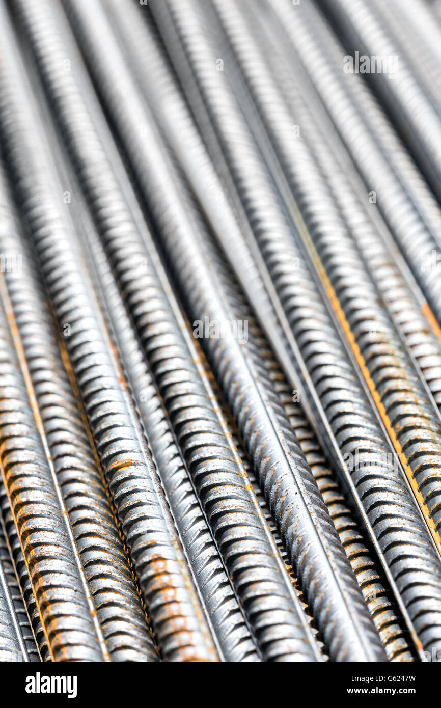 Stack of steel rebars for reinforcing concrete on construction site ...