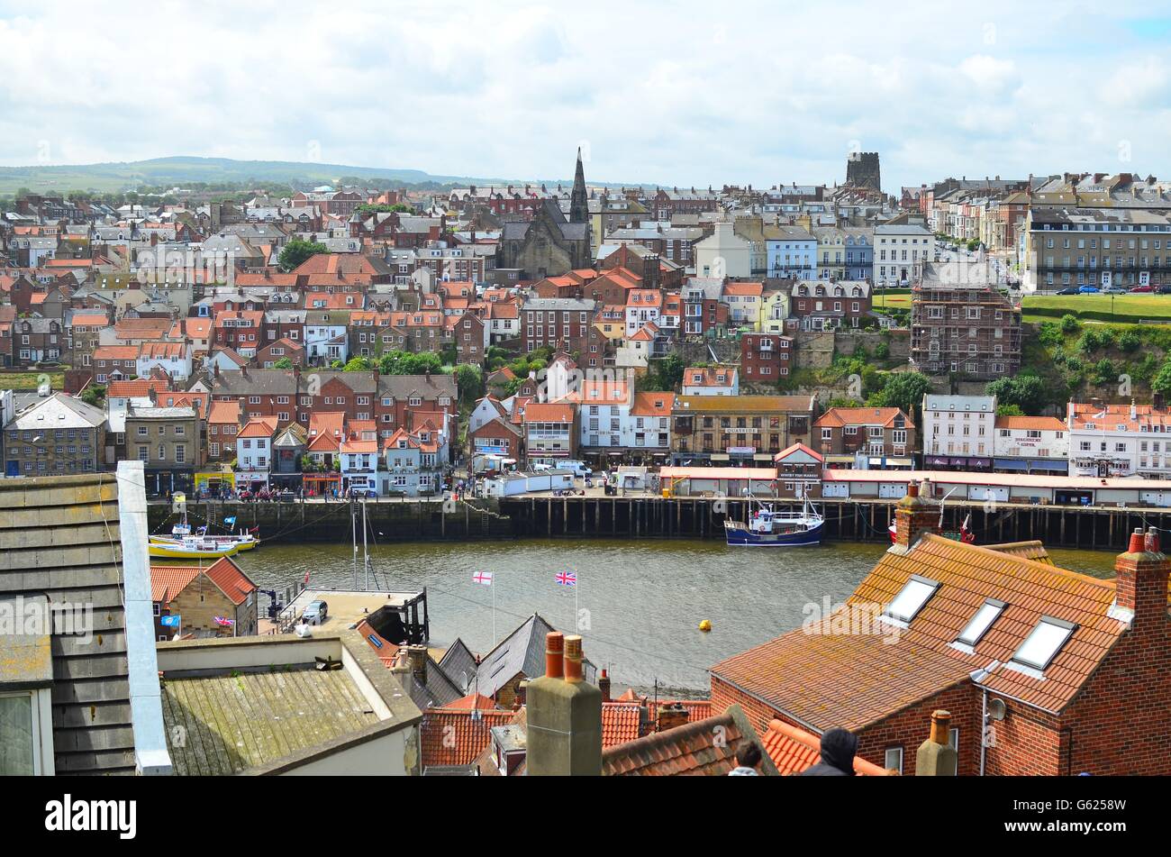 View from the 199 steps leading down towards the old town of Whitby in ...