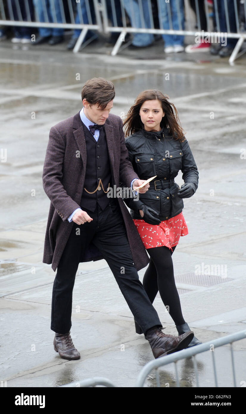 Jenna Louise Coleman and Matt Smith during filming of the popular television series Dr Who in ...