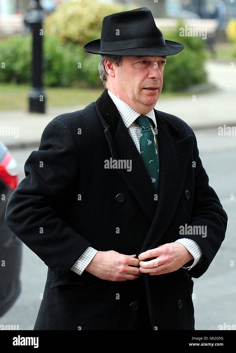 UKIP leader Nigel Farage arrives at the Grantham Museum to pay tribute ...