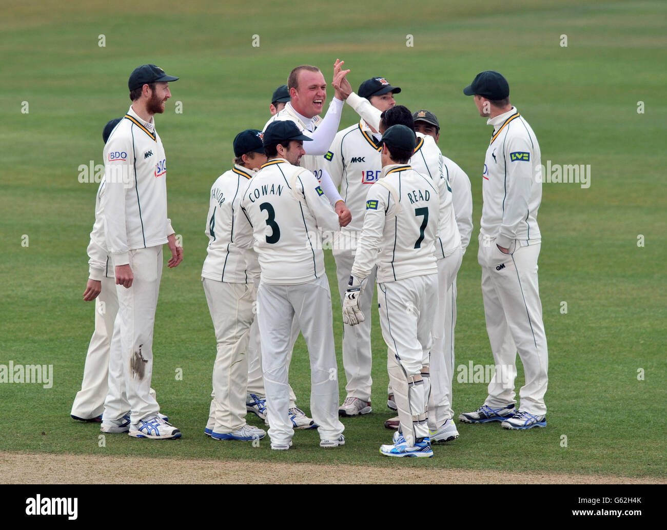 Nottinghamshire's Luke Fletcher (centre) celebrates with team-mates ...