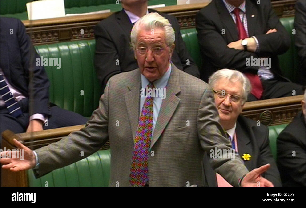 Dennis Skinner MP speaks during a sitting of the house motion in the ...