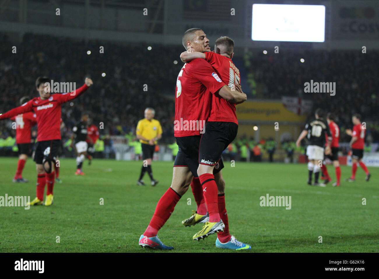Cardiff City's Rudy Gestede (left) and Craig Noone celebrate after the ...