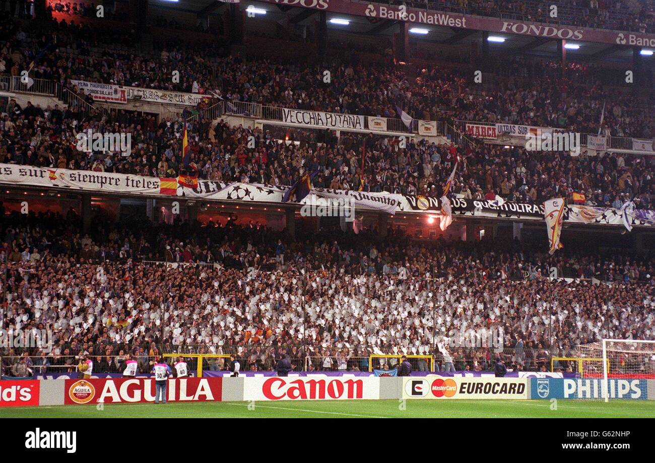 Real madrid fans holding european cup cut outs start match hi-res stock ...