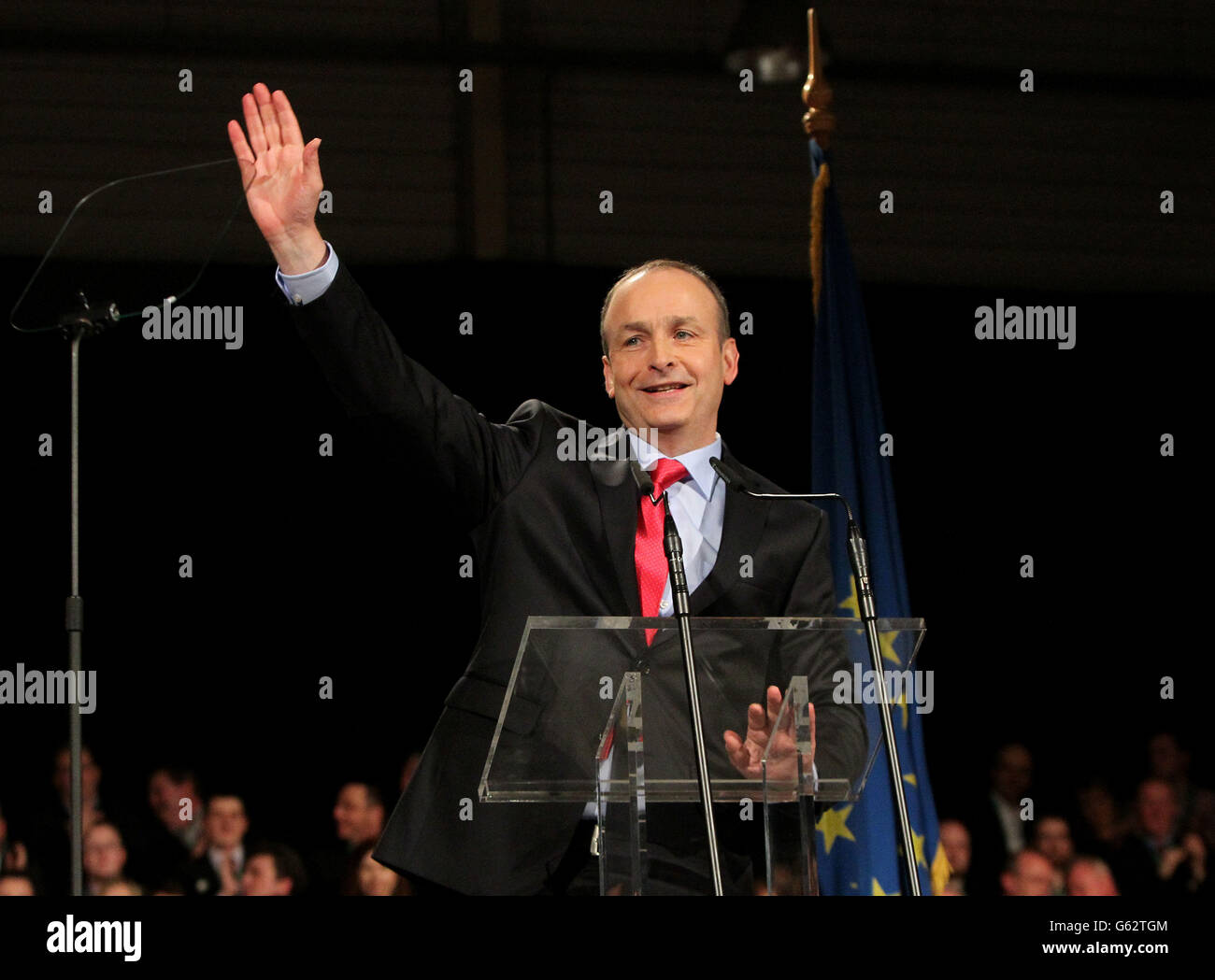 Fianna Fail Leader Micheal Martin addresses party members as their ard fheis opens at the RDS in ...