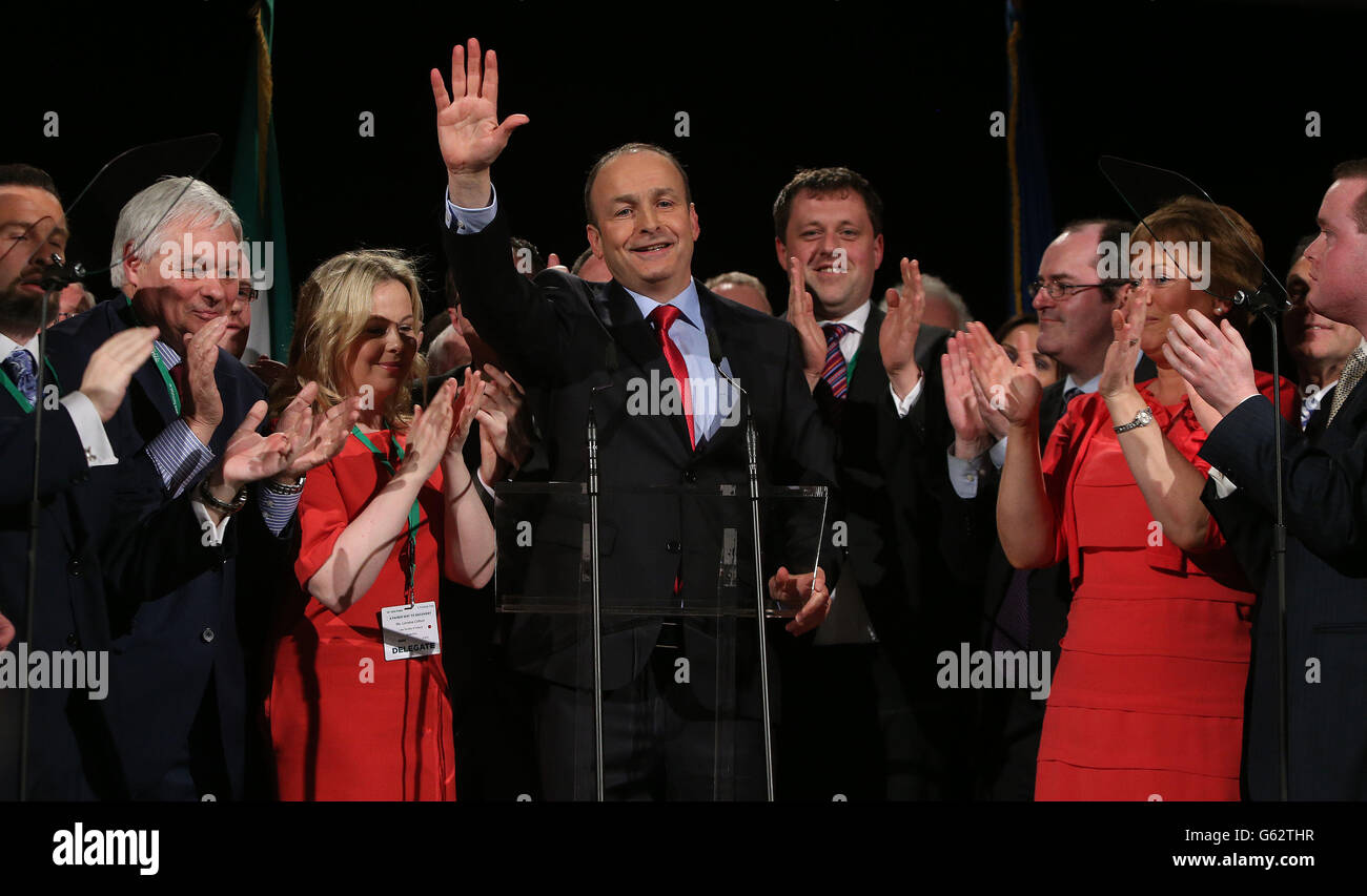 Fianna Fail Leader Micheal Martin addresses party members as their ard fheis opens at the RDS in ...