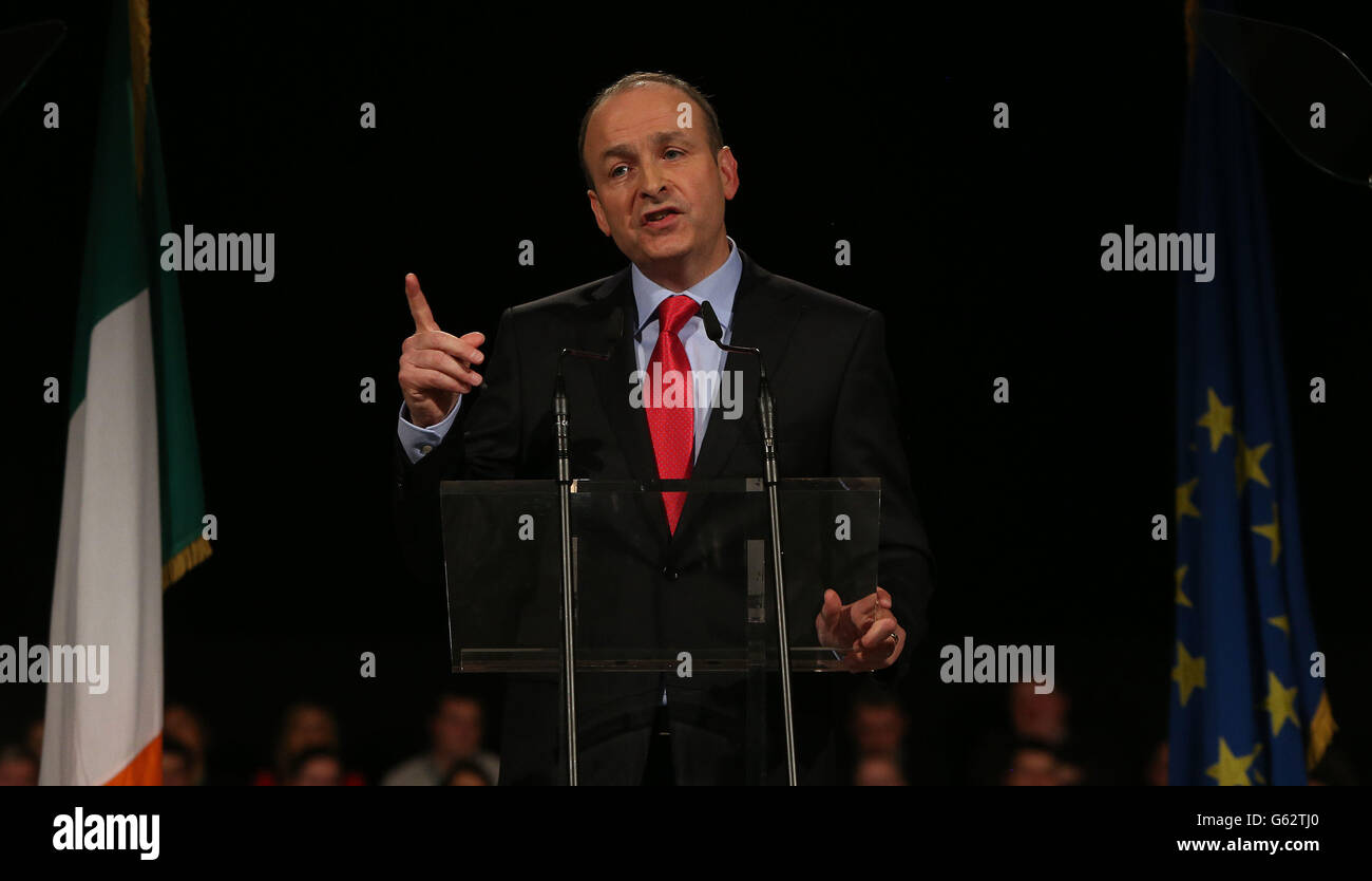 Fianna Fail Leader Micheal Martin addresses party members as their ard fheis opens at the RDS in ...