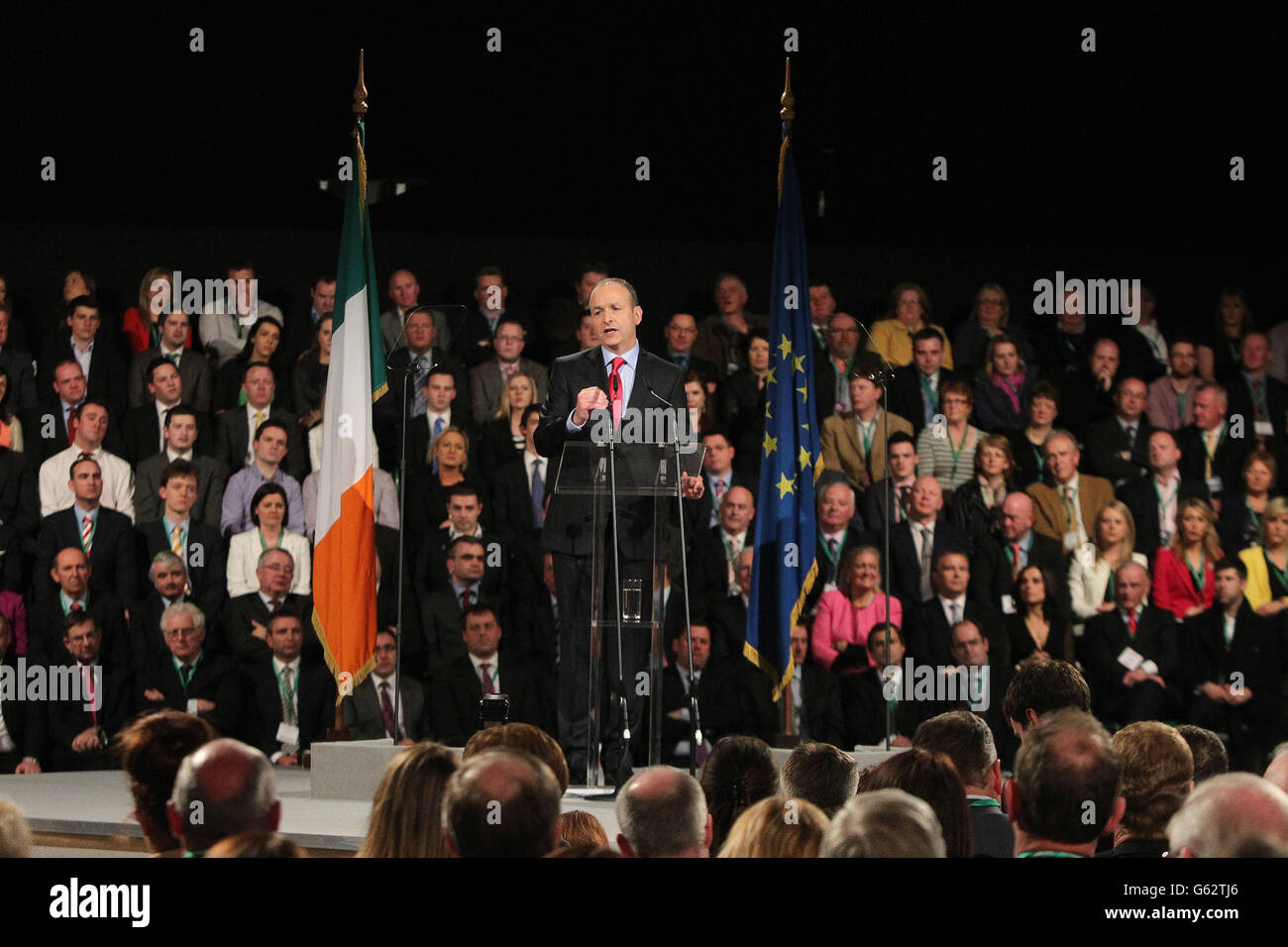 Fianna Fail Leader Micheal Martin addresses party members as their ard fheis opens at the RDS in ...