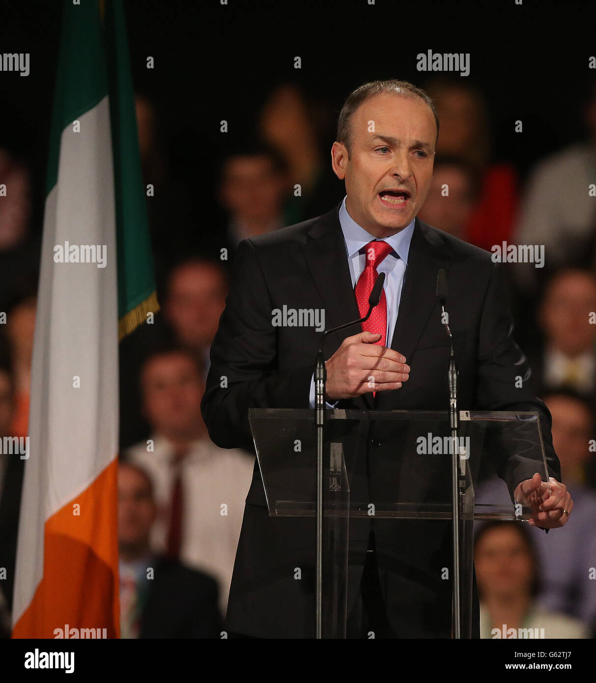 Fianna Fail Leader Micheal Martin addresses party members as their ard fheis opens at the RDS in ...
