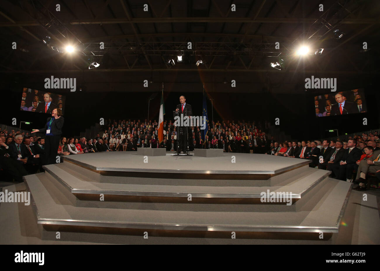 Fianna Fail Leader Micheal Martin addresses party members as their ard fheis opens at the RDS in ...