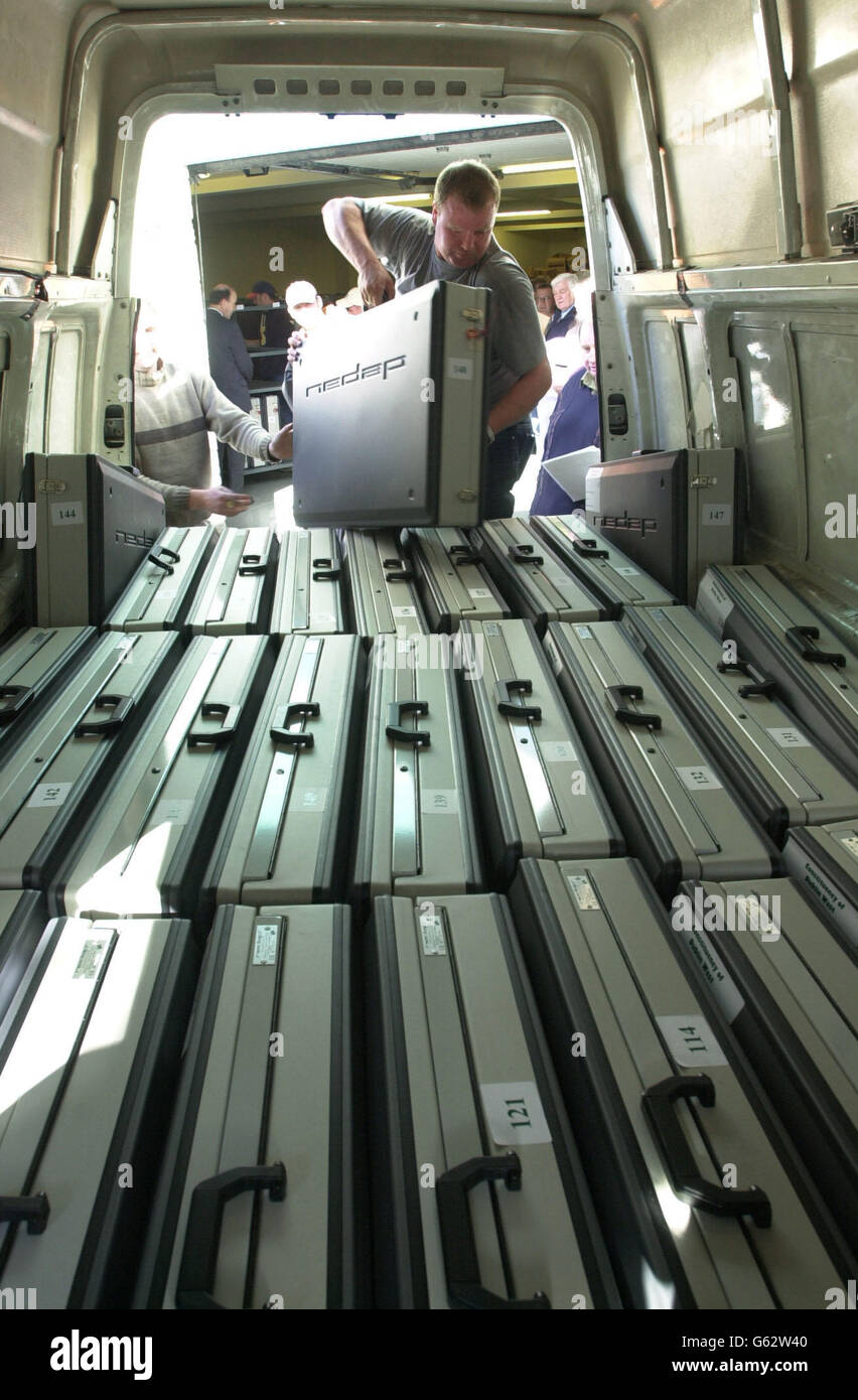 Portable electronic polling booths are loaded into a van at the Dublin ...