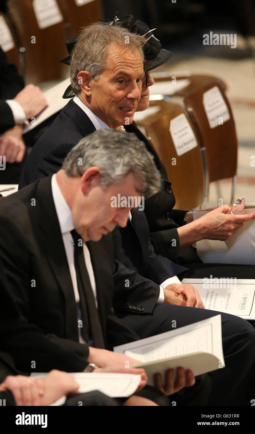 Former Prime Ministers Gordon Brown and Tony Blair attend the funeral ...