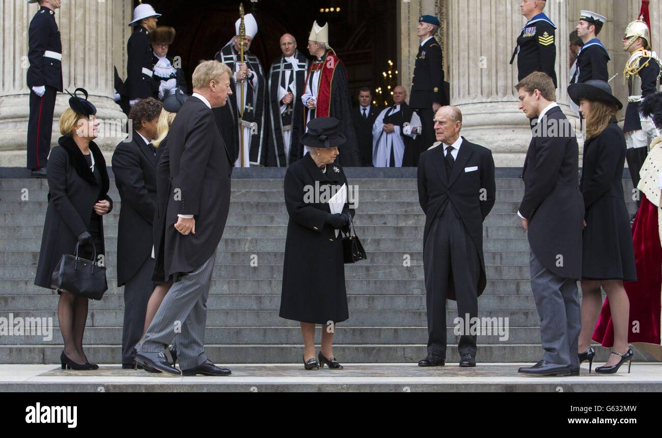 Queen Elizabeth II and the Duke of Edinburgh walk toward the Thatcher ...