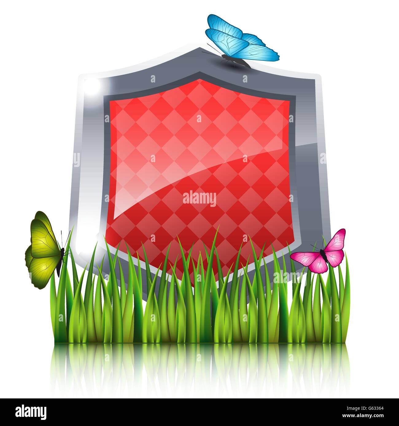 Orange shield with flying butterflies by the grass. Nature protection ...
