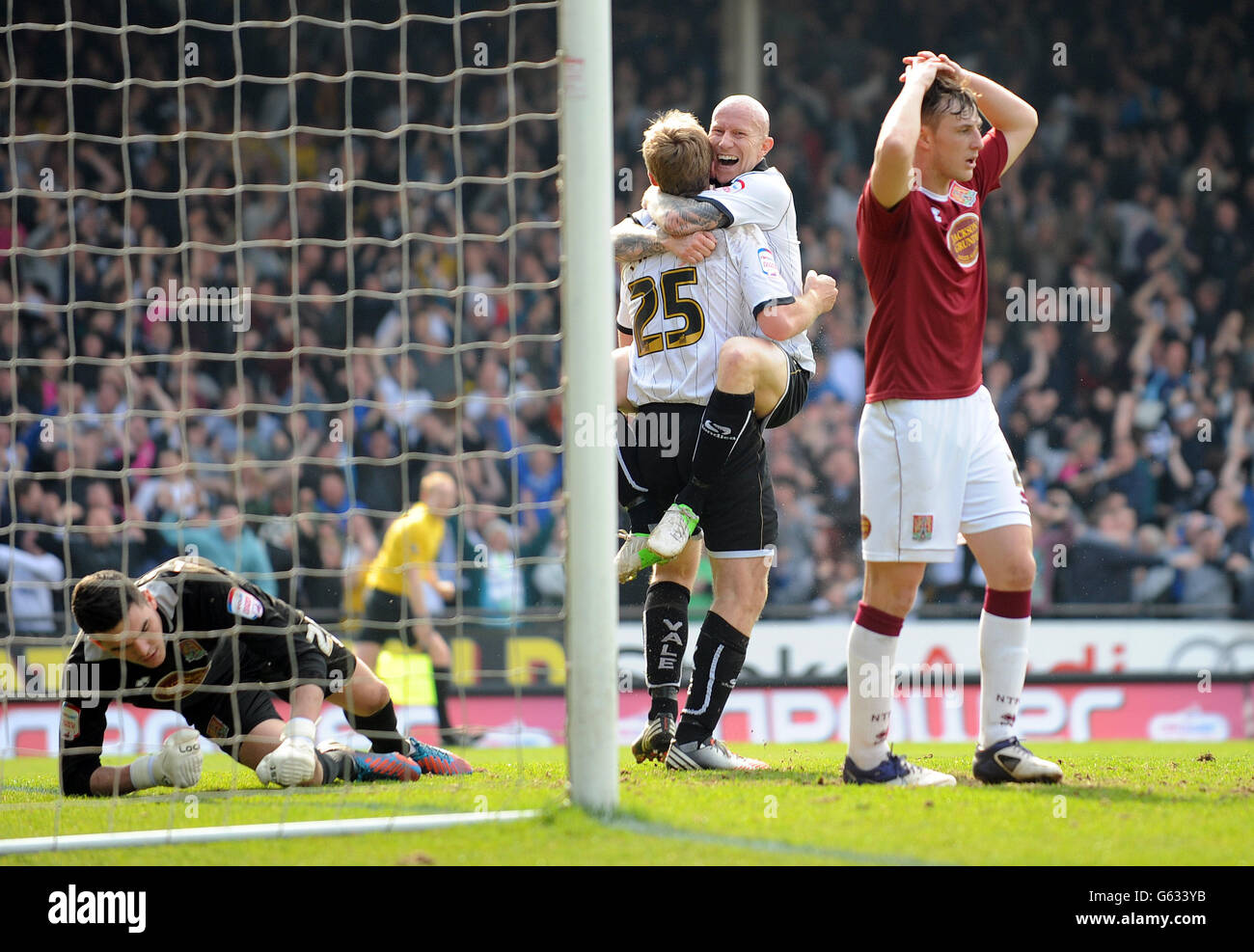 Port Vale's Liam Chilvers (25) celebrates with Lee Hughes after scoring ...