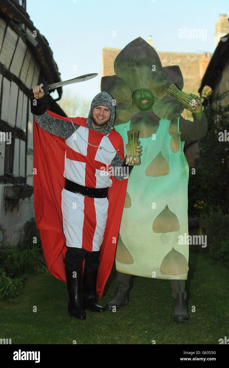 Chris Ayliffe dressed as St George (left) and Gus the Asparagusman ...