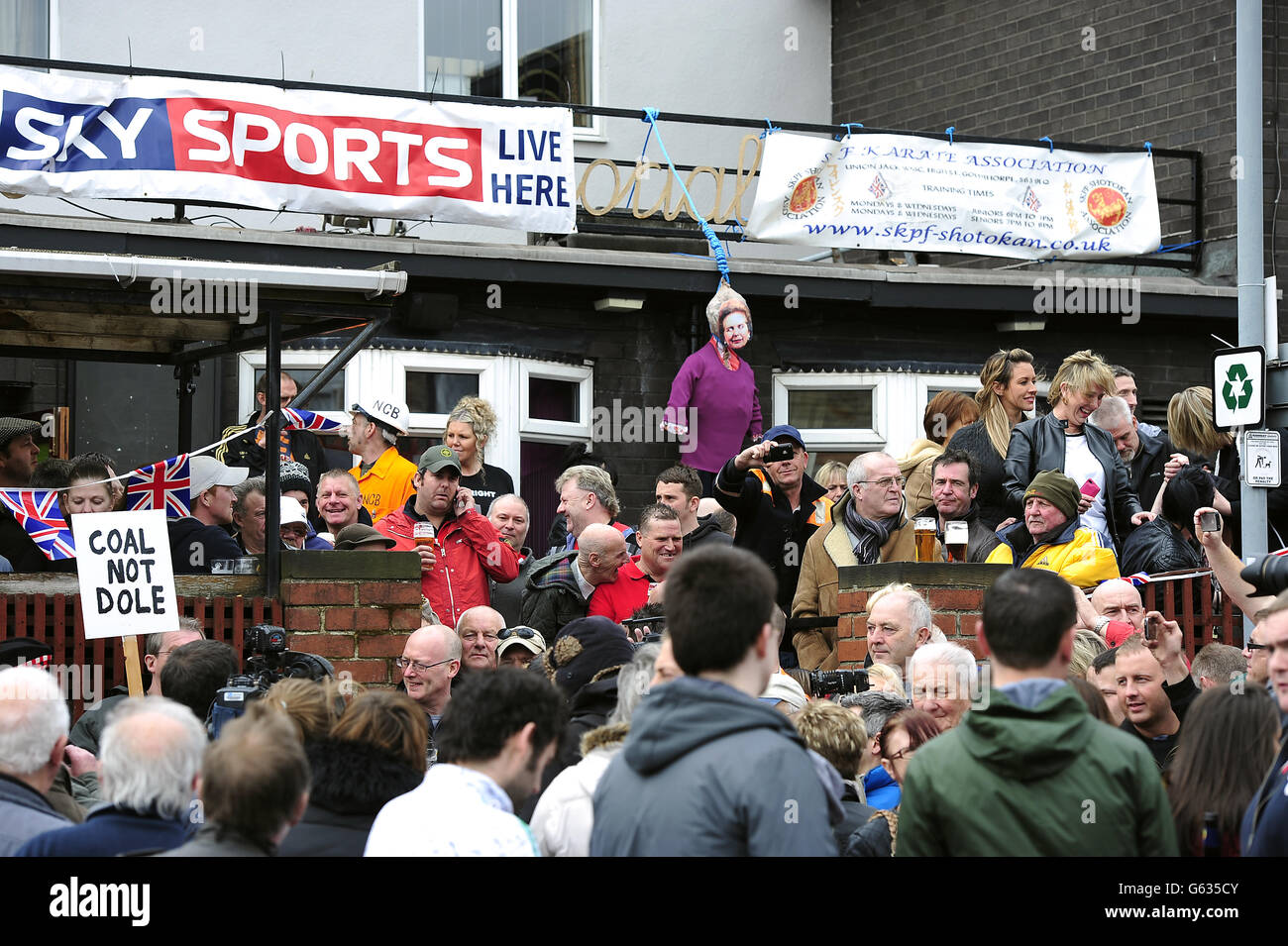 An effigy of Baroness Thatcher hangs near the Goldthorpe Union Jack ...