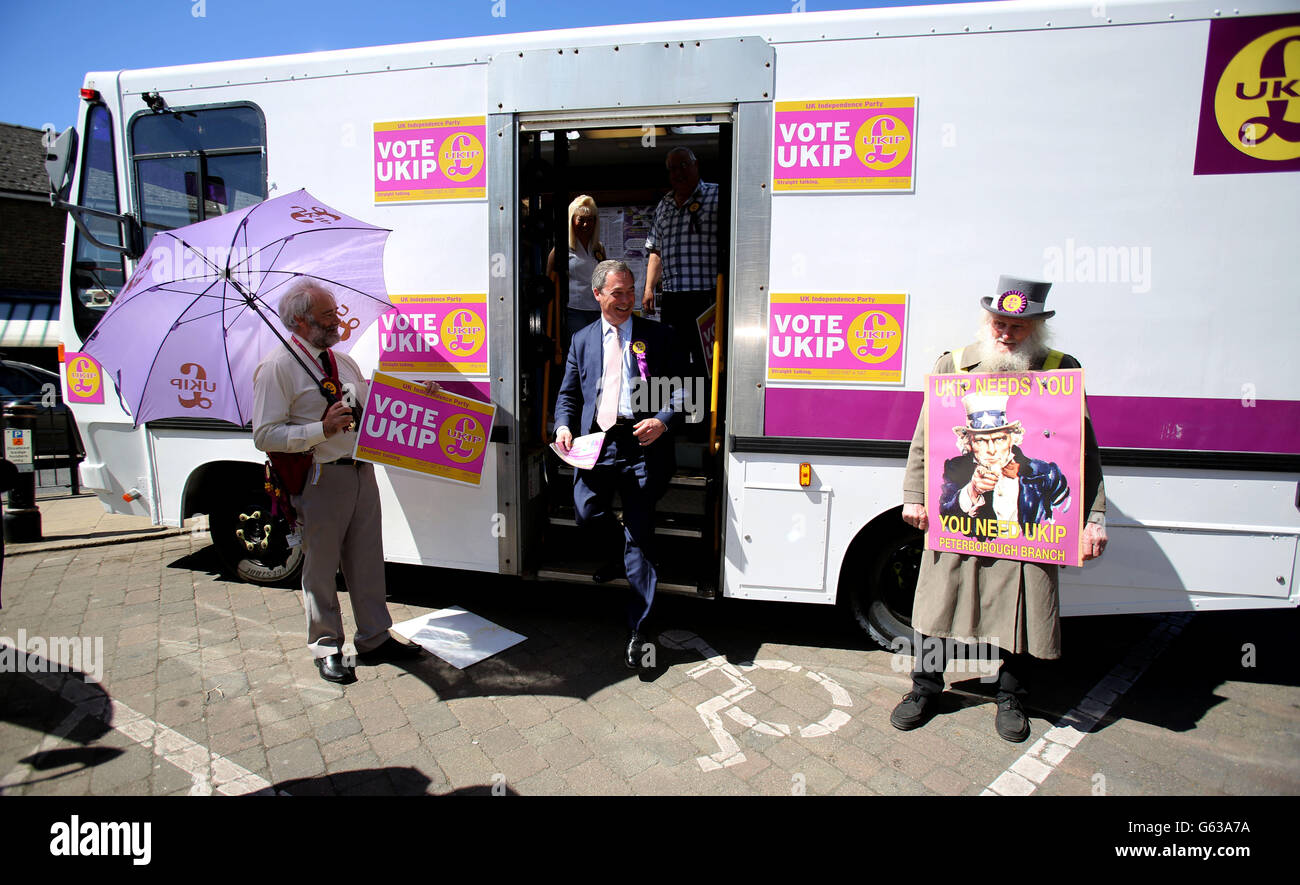 Leader of UKIP Nigel Farage, steps out of the UKIP campaign truck that ...