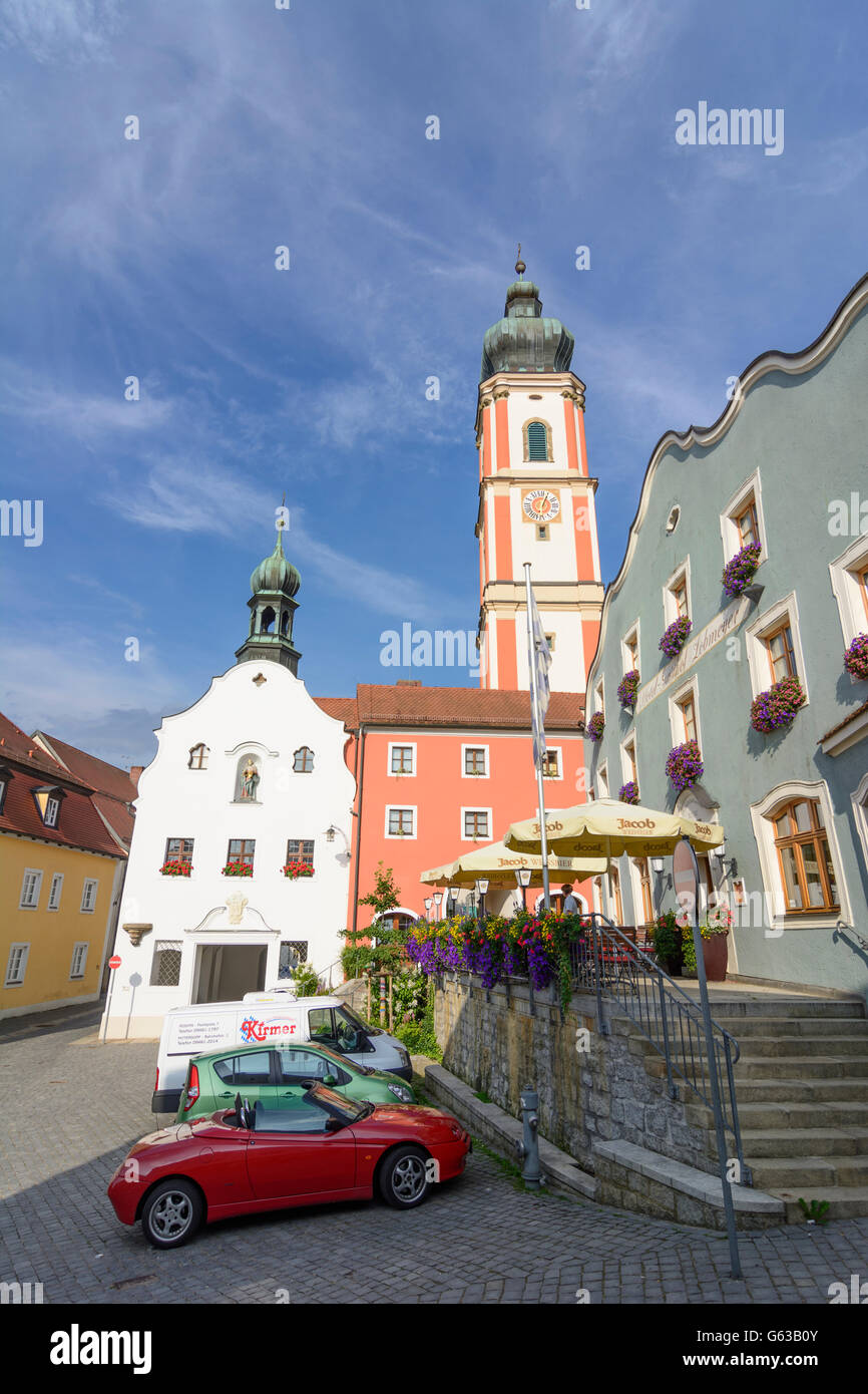 Old Town Hall (white), church St. Pankratius, Roding, Germany, Bayern ...