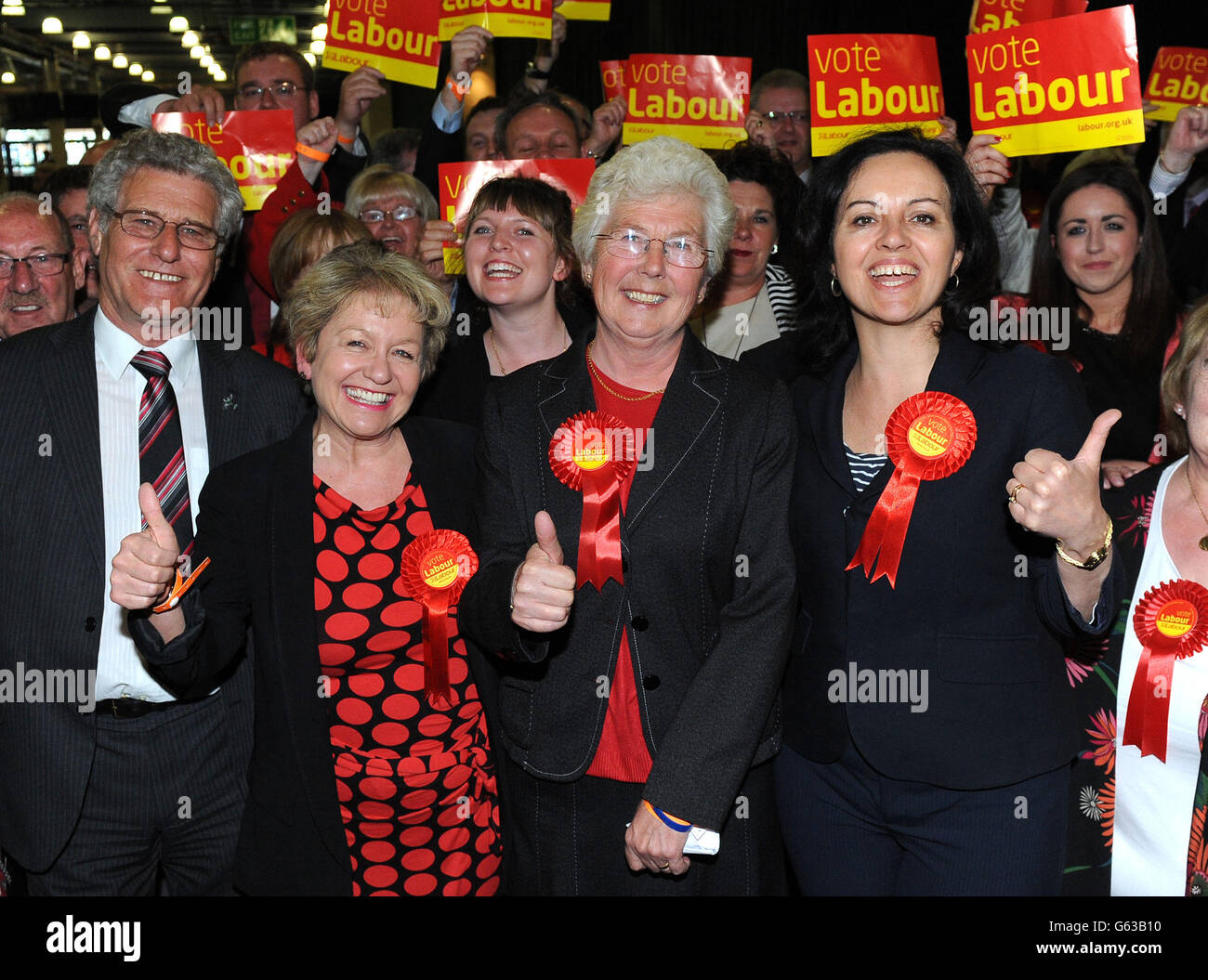 Labour candidate Ros Jones (centre) celebrates with MPs Rosie Winterton ...