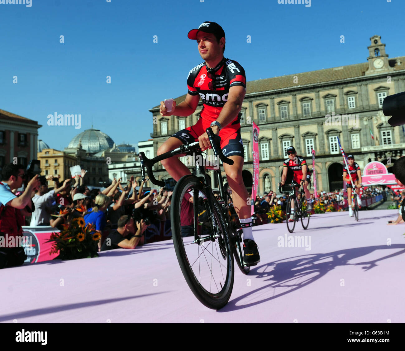 BMC-Racing's Adam Blythe makes his way onto the podium during a preview ...
