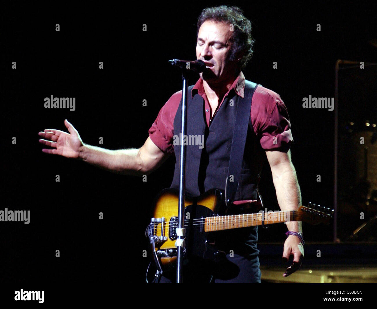 American rock star Bruce Springsteen performing on stage during a one ...